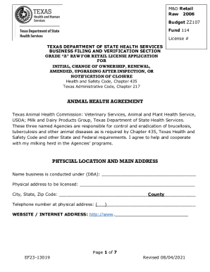 Fillable Online dshs.texas.govmilkpdfANIMAL HEALTH AGREEMENT - Texas Department of State Health ...