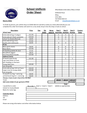 Fillable Online School Uniform Order Sheet - benrhydding.ngfl.ac.uk Fax ...
