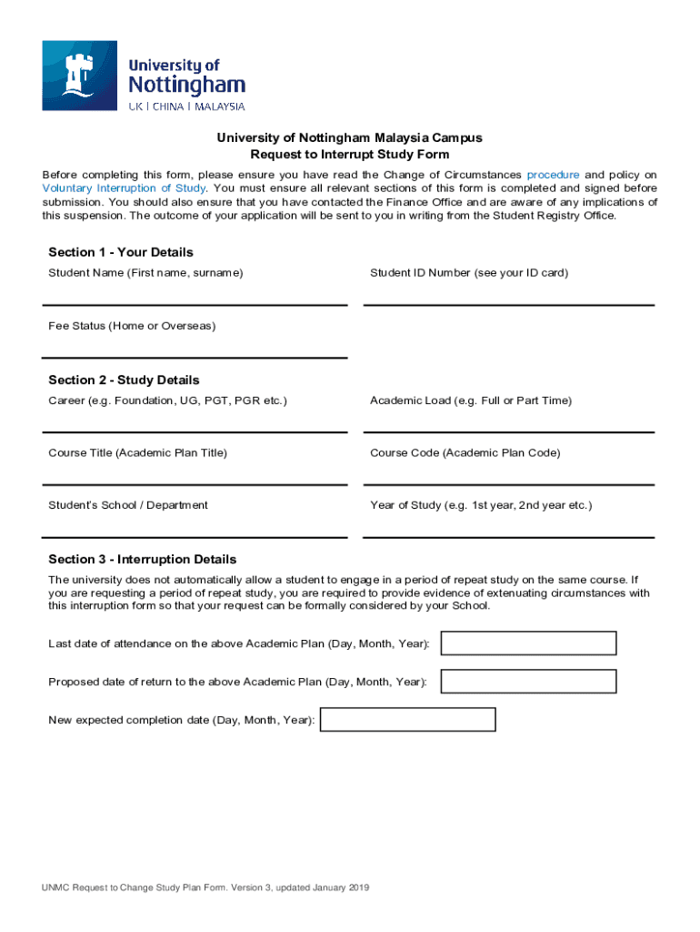 Fillable Online Interruption of Study Plan Form. Interruption of Study ...