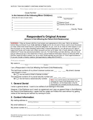 Fillable Online Respondent's Original Answer (SAPCR). SAPCR Fax Email ...