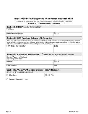 Fillable Online IHSS Provider Employment Verification Request Form Fax ...