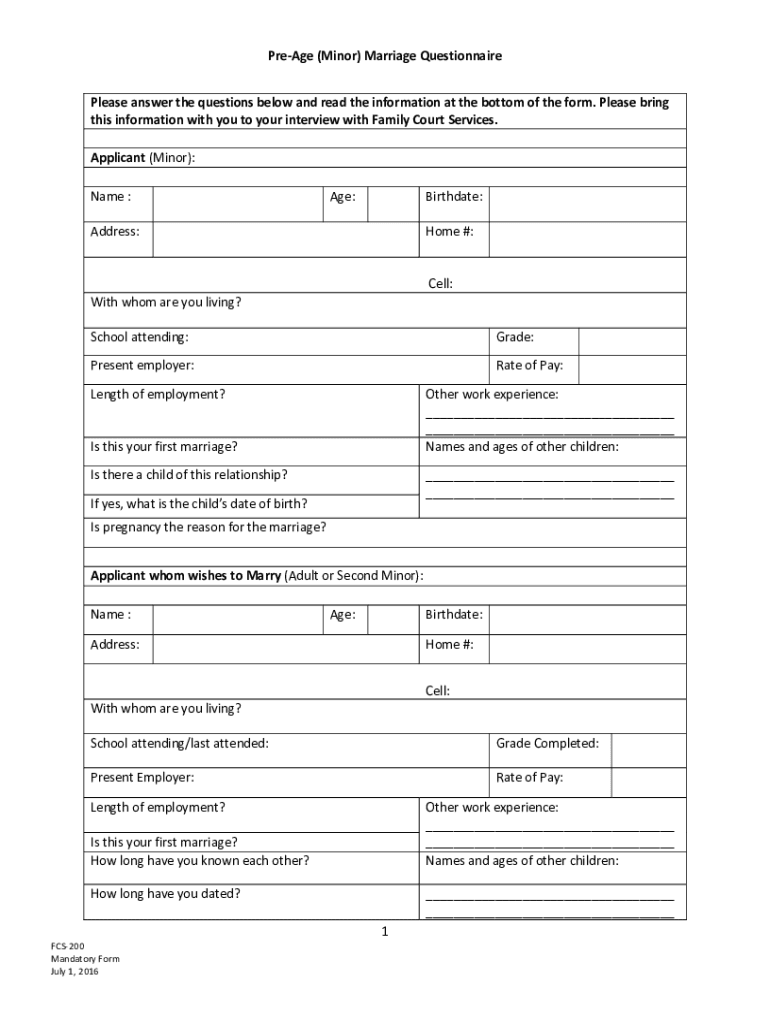 Fillable Online Pre-Age (Minor) Marriage Questionnaire 1 Please answer ...