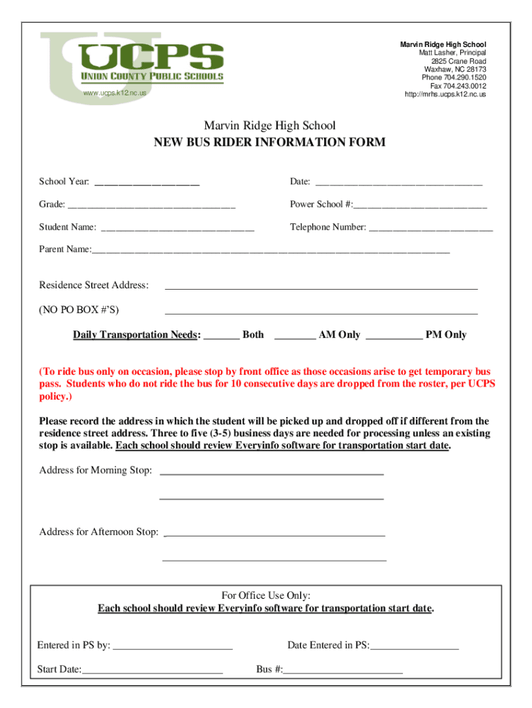 Fillable Online Marvin Ridge High School NEW BUS RIDER INFORMATION FORM ...