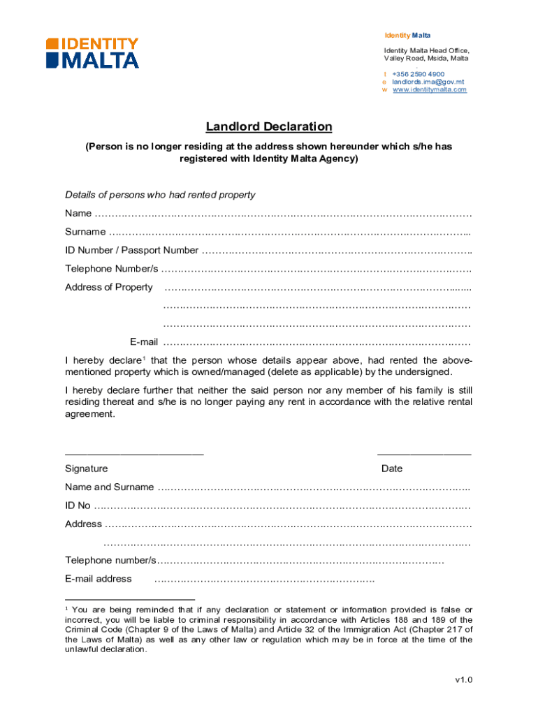 Declaration By Landlord Malta - Fill Online, Printable, Fillable, Blank ...