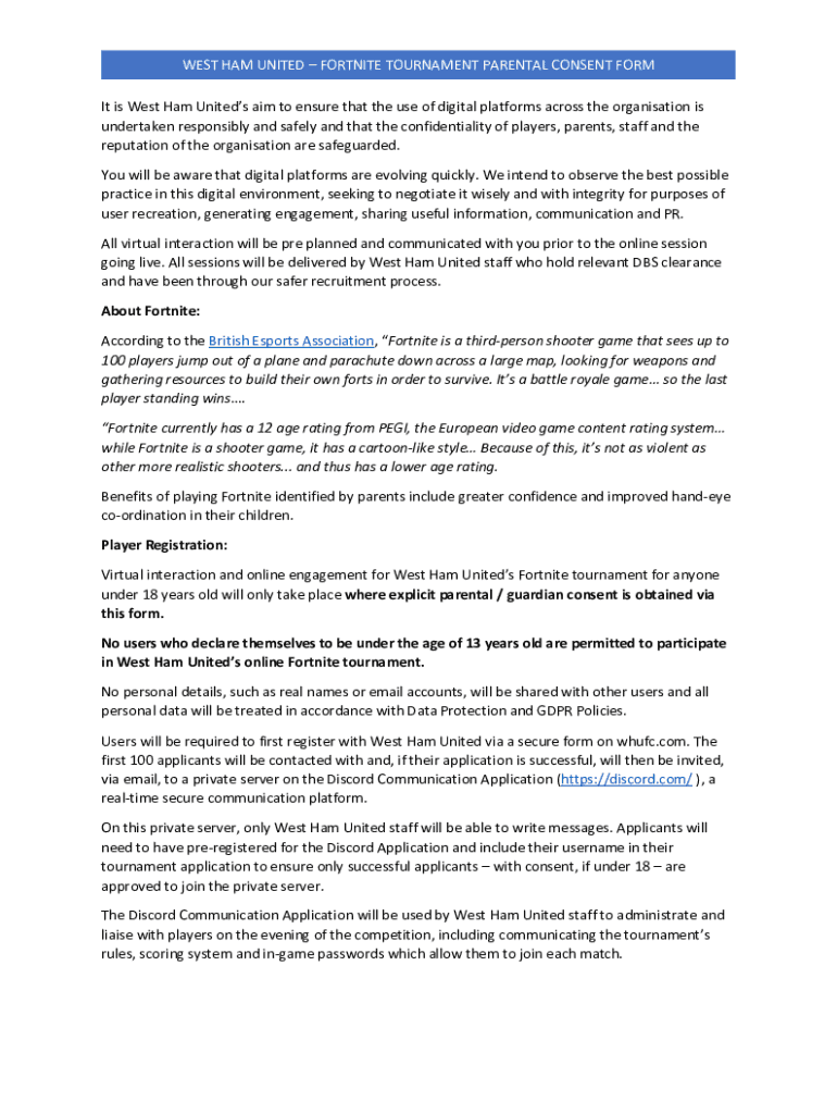 Fillable Online West Ham UnitedFORTNITE TOURNAMENT Parental Consent ...