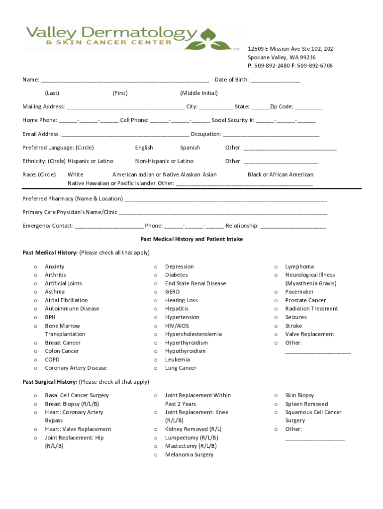 Fillable Online Past Medical History and Patient Intake Past ...