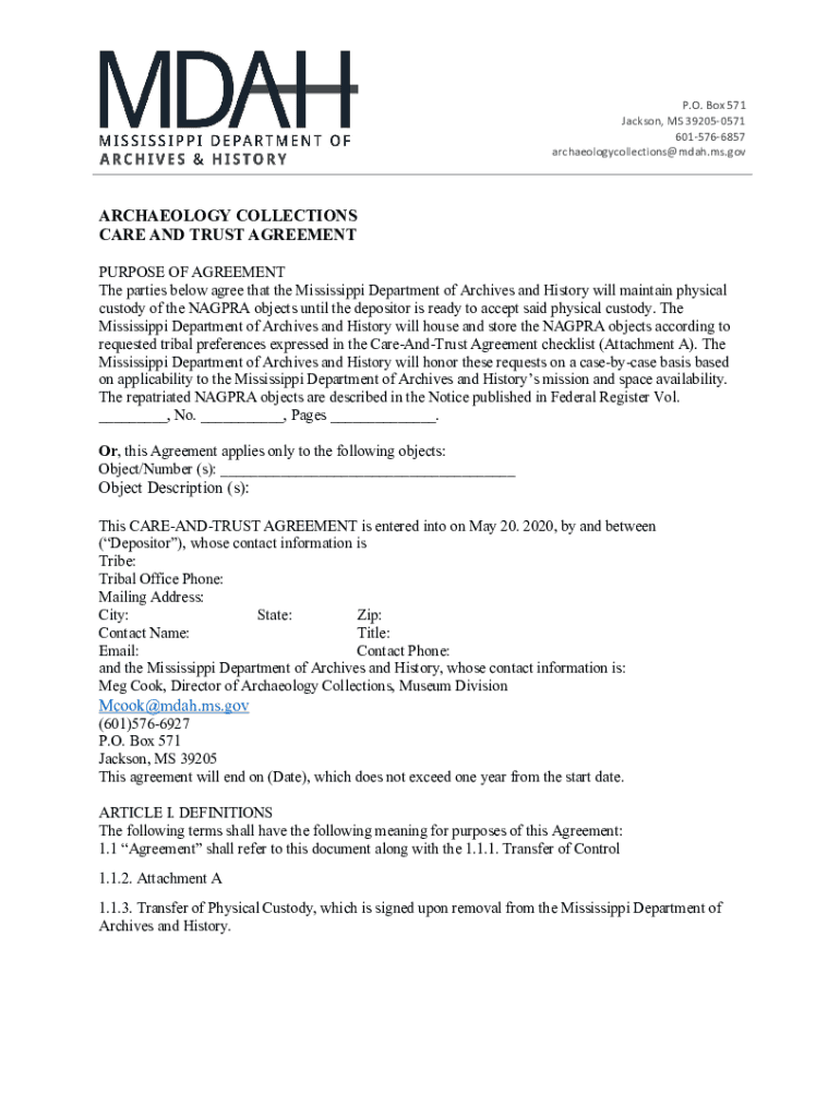 Fillable Online ARCHAEOLOGY COLLECTIONS CARE AND TRUST AGREEMENT ... Fax Email Print - pdfFiller
