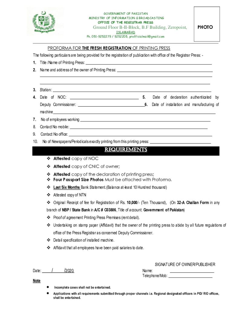 Fillable Online PROFORMA FOR THE REGISTRATION OF PUBLICATION WITH ...