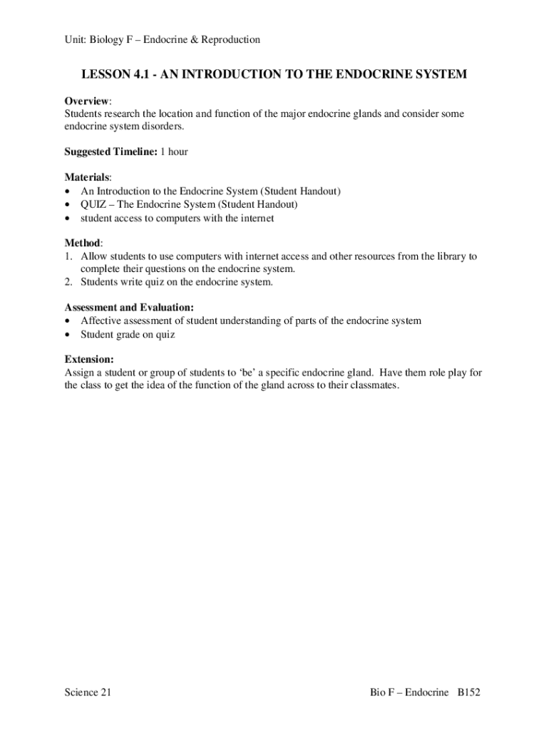 Fillable Online LESSON 4.1 - AN INTRODUCTION TO THE ENDOCRINE SYSTEM ...