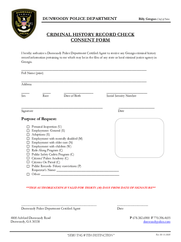 Fillable Online dunwoody police department - criminal history record ...
