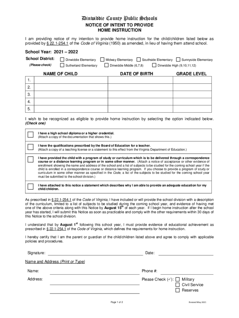 Fillable Online HOMESCHOOL Notice of Intent 21-22 Form (Fillable ...