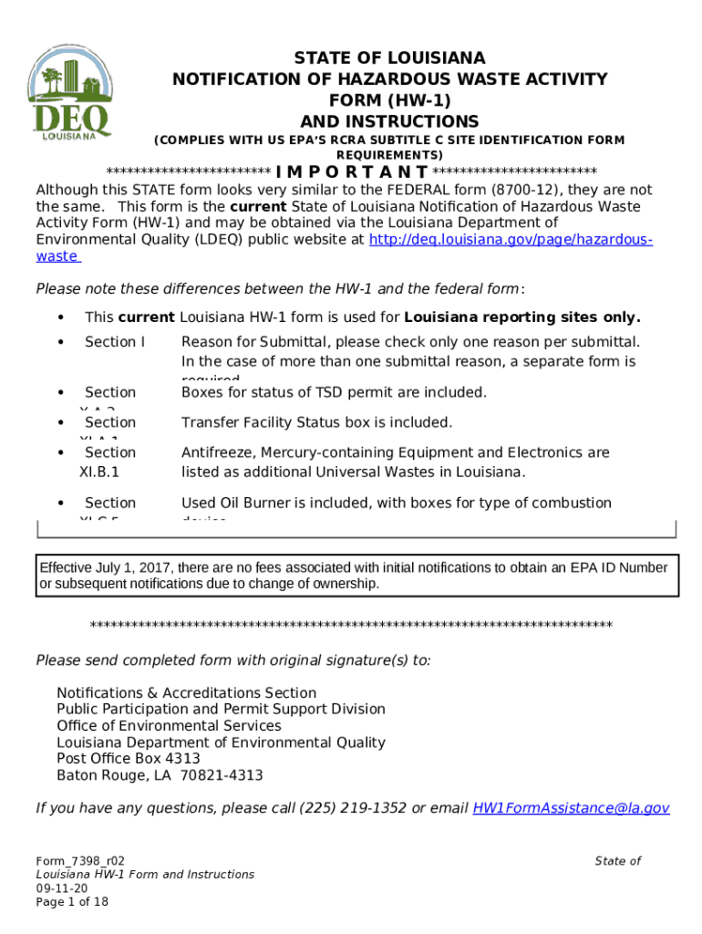 hw-1 - HAZARDOUS WASTE NOTIFICATION (HW-1 AND ... - deq louisiana Doc ...