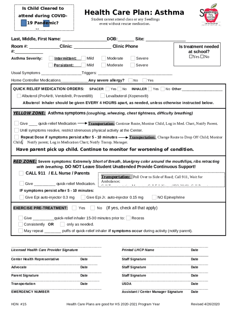 Health Care Plan: Asthma Doc Template | pdfFiller