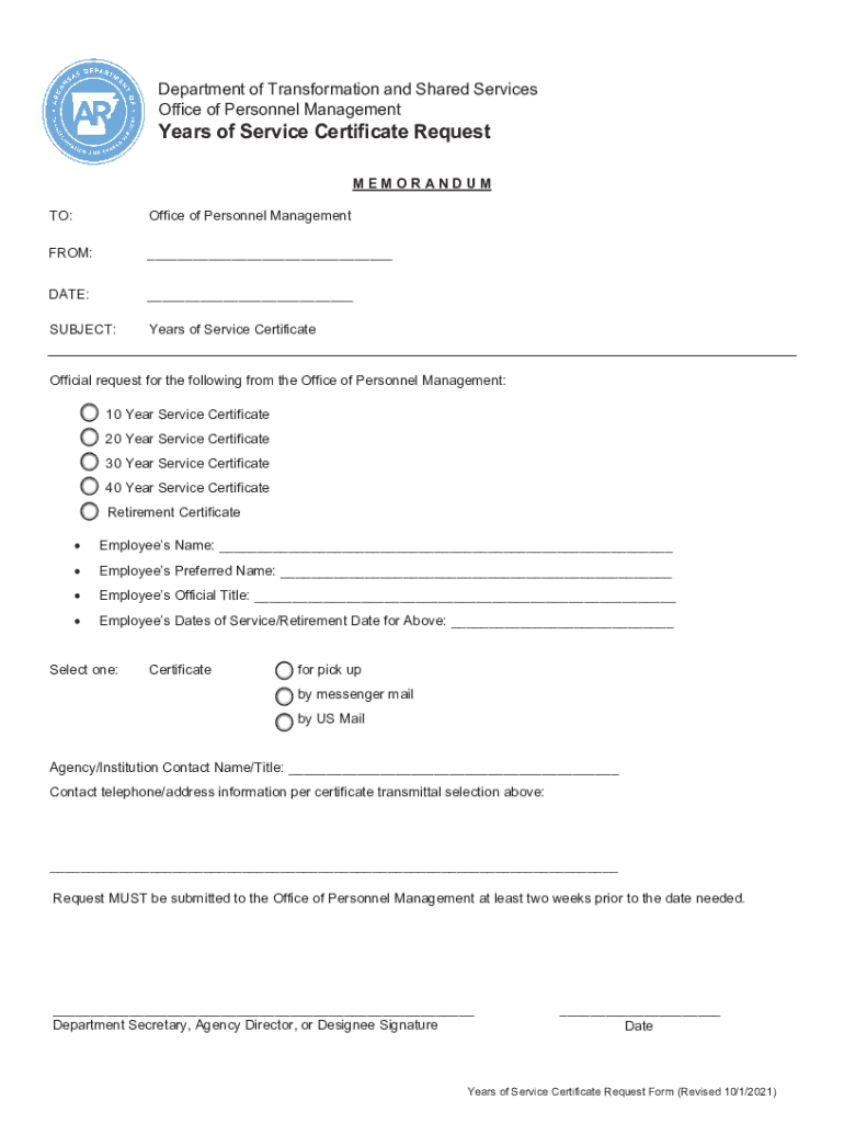 Fillable Online Years of Service Certificate Request Fax Email Print ...