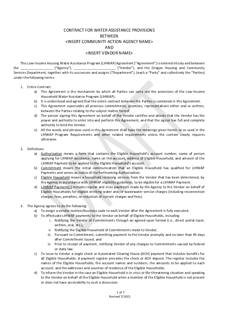Fillable Online CONTRACT FOR WATER ASSISTANCE PROVISIONS BETWEEN ...