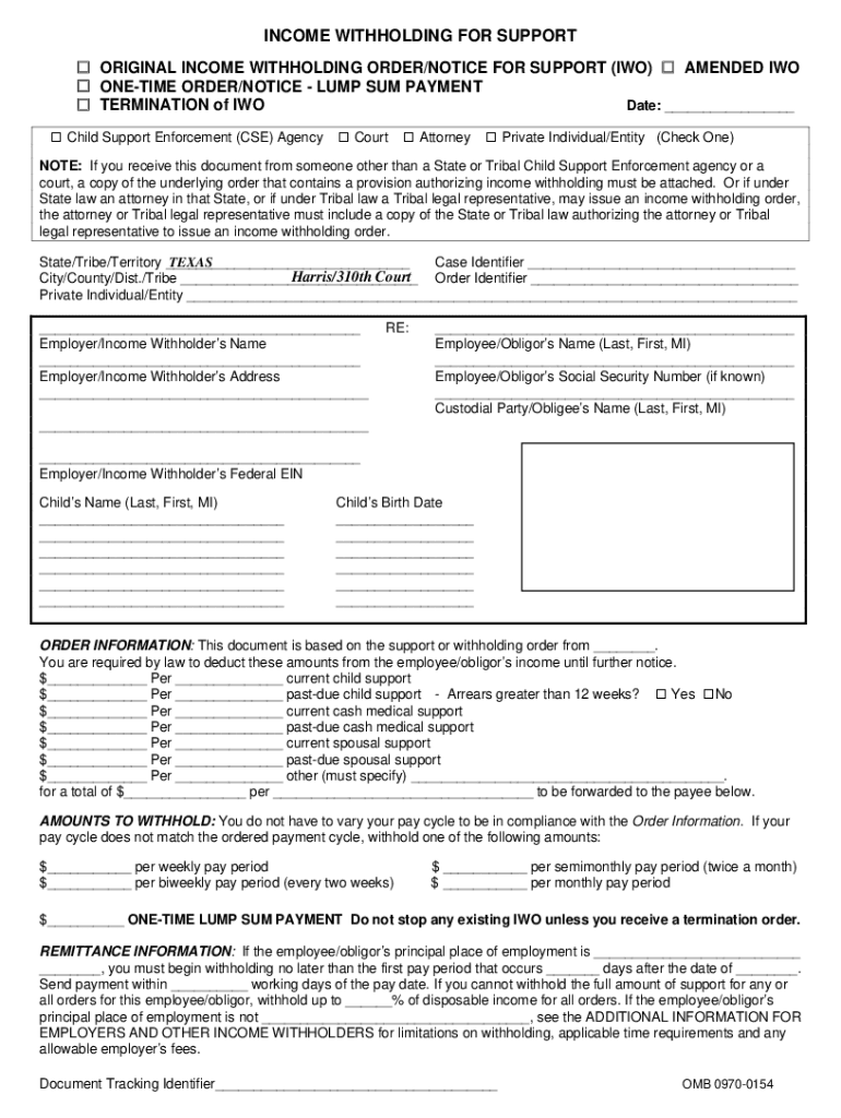 Fillable Online Income Withholding for Support (IWO) Form, Instructions ...