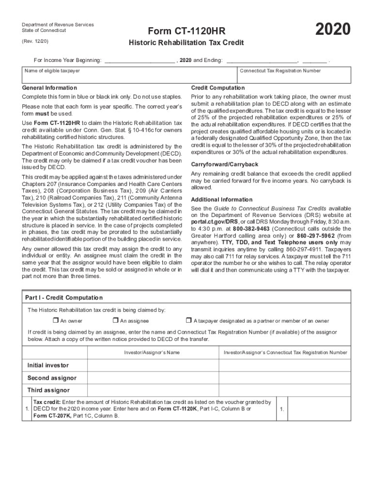 Fillable Online Form Ct-1120 Hrc - Historic Rehabilitation Credit From ...