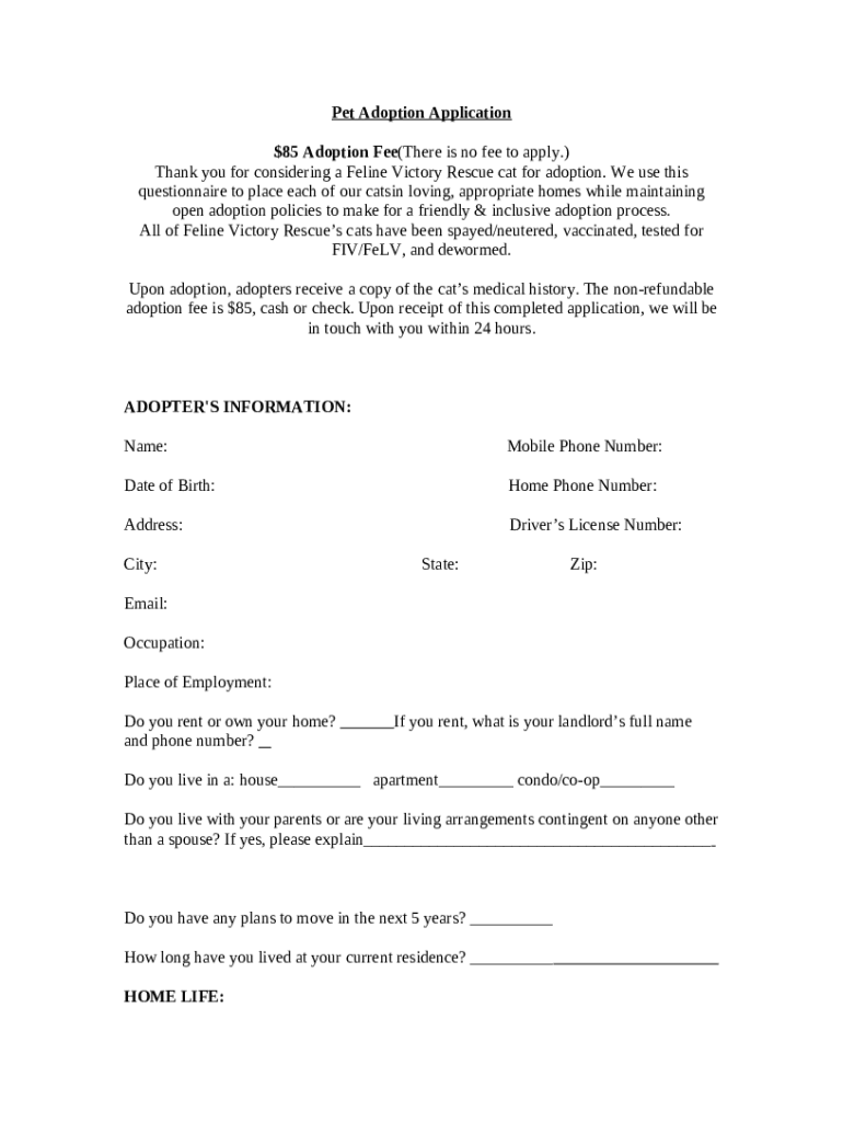 Sample Animal Adoption - Feline Victory Rescue Doc Template | pdfFiller