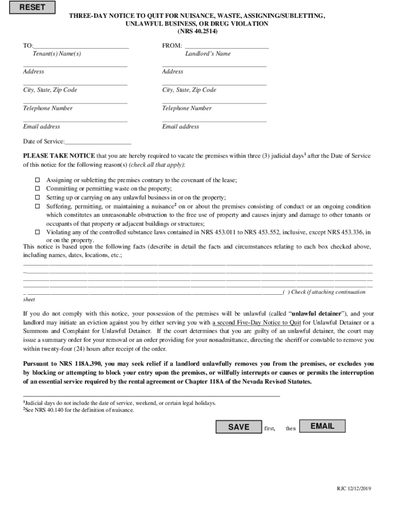 Fillable Online THREE-DAY NOTICE TO QUIT FOR NUISANCE, WASTE, ASSIGNING ...