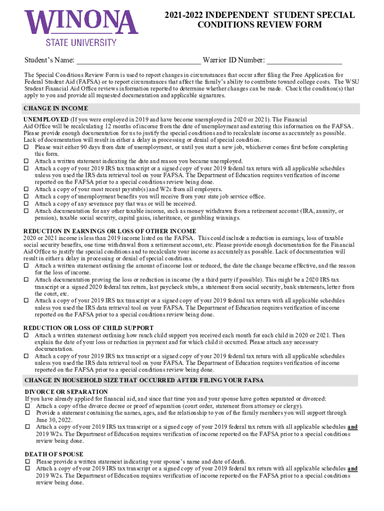 Fillable Online www.winona.edu financial-aid Media2021 2022 INDEPENDENT STUDENT SPECIAL ...