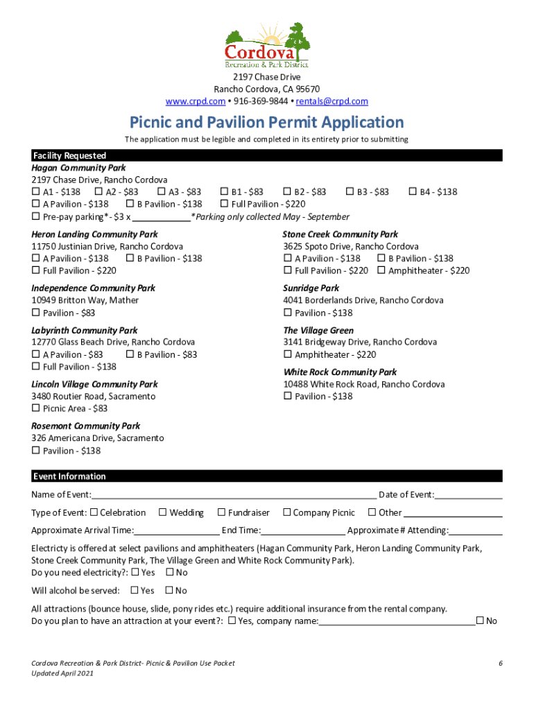 Fillable Online Picnic & Pavilion Use Permit Information and ...