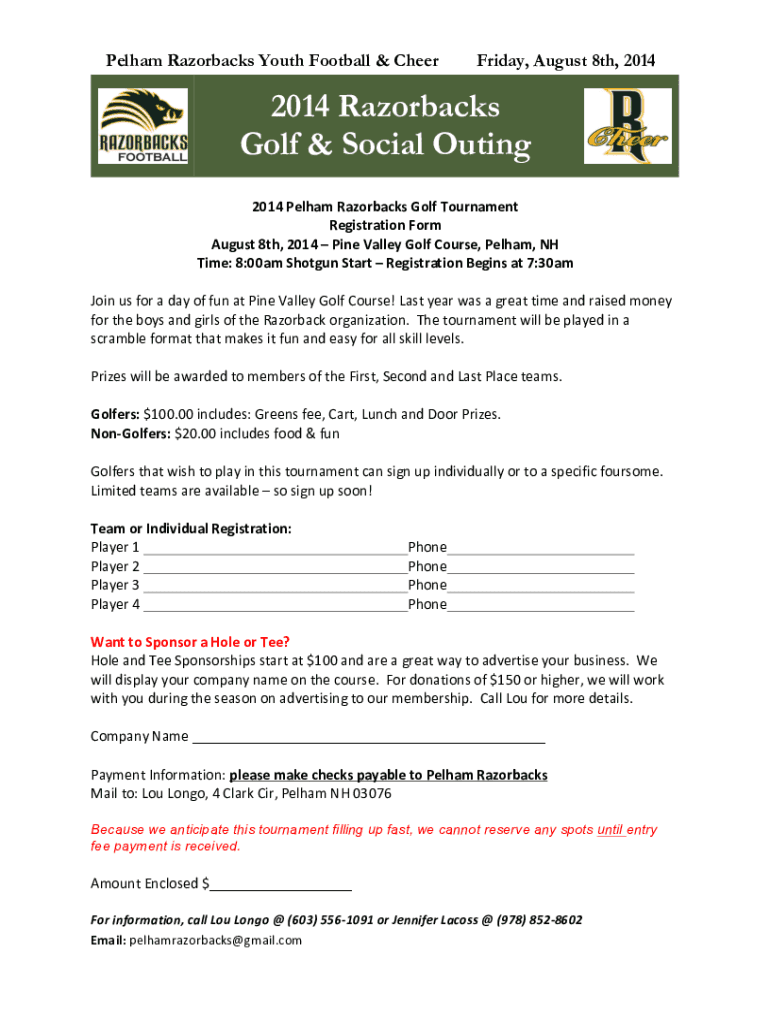 Fillable Online Pelham Razorbacks Youth Football & Cheer Fax Email ...