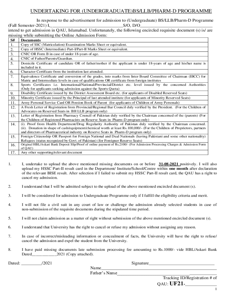 Fillable Online UNDERTAKING FOR (UNDERGRADUATE)BS/LLB/PHARM-D PROGRAMME ...