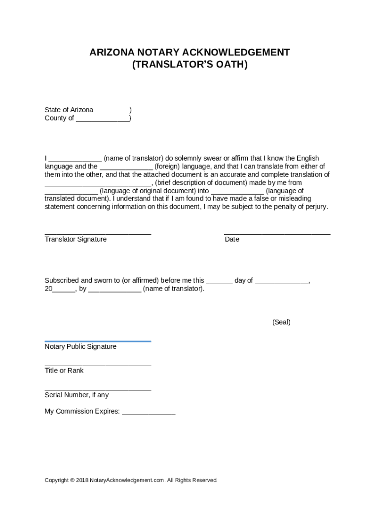 Arizona Notary Acknowledgement - Translator's Oath Doc Template | pdfFiller