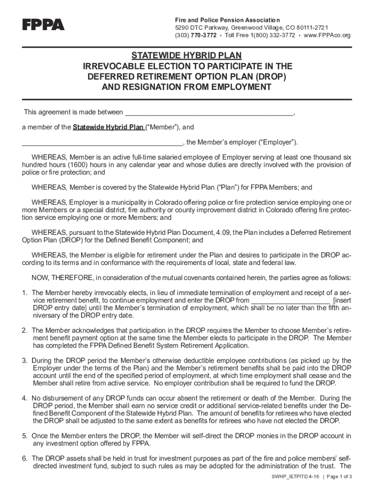 Fillable Online FPPA DEFINED BENEFIT SYSTEM TERMINATION OF DROP ... Fax ...