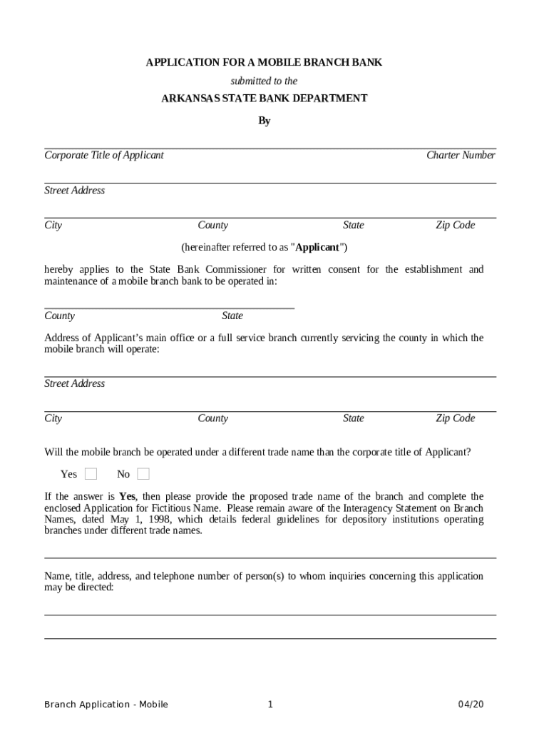 APPLICATION FOR A MOBILE BRANCH BANK Doc TemplatepdfFiller Doc Template ...