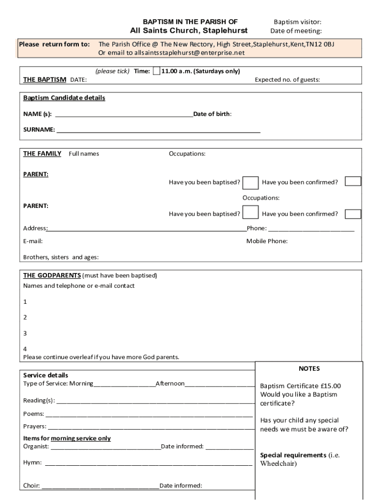 Fillable Online Baptism application form - All Saints' Church Staplehurst Kent Fax Email Print ...