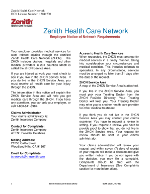 Fillable Online ZENITH HEALTH CARE NETWORK WORKERS COMPENSATION NETWORK ...