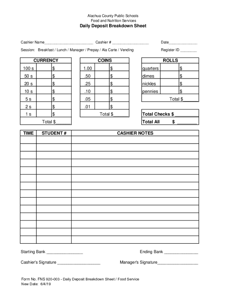Fillable Online Daily Deposit Breakdown Sheet Fax Email Print - pdfFiller