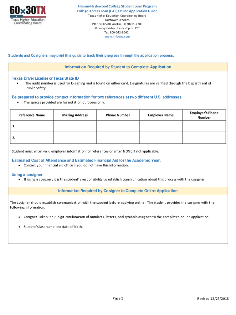 Fillable Online HHLoans Forms College Access Loan Application Guide ...