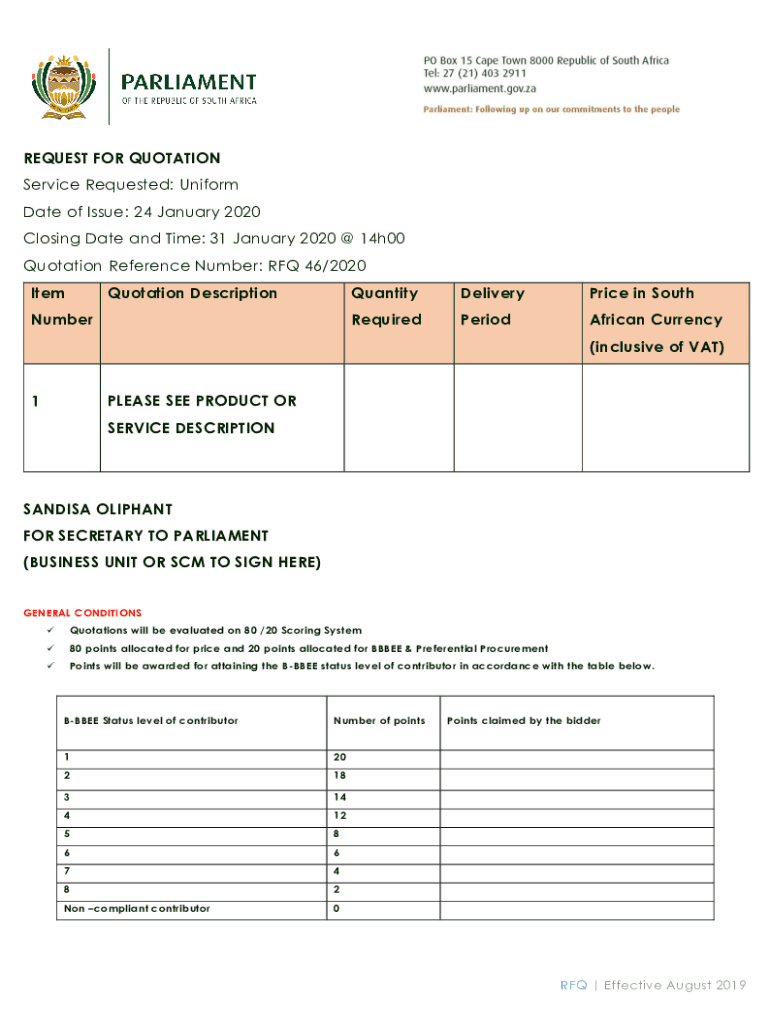 Fillable Online REQUEST FOR QUOTATION: UNIFORM 27/01 /2020 - Parliament ...