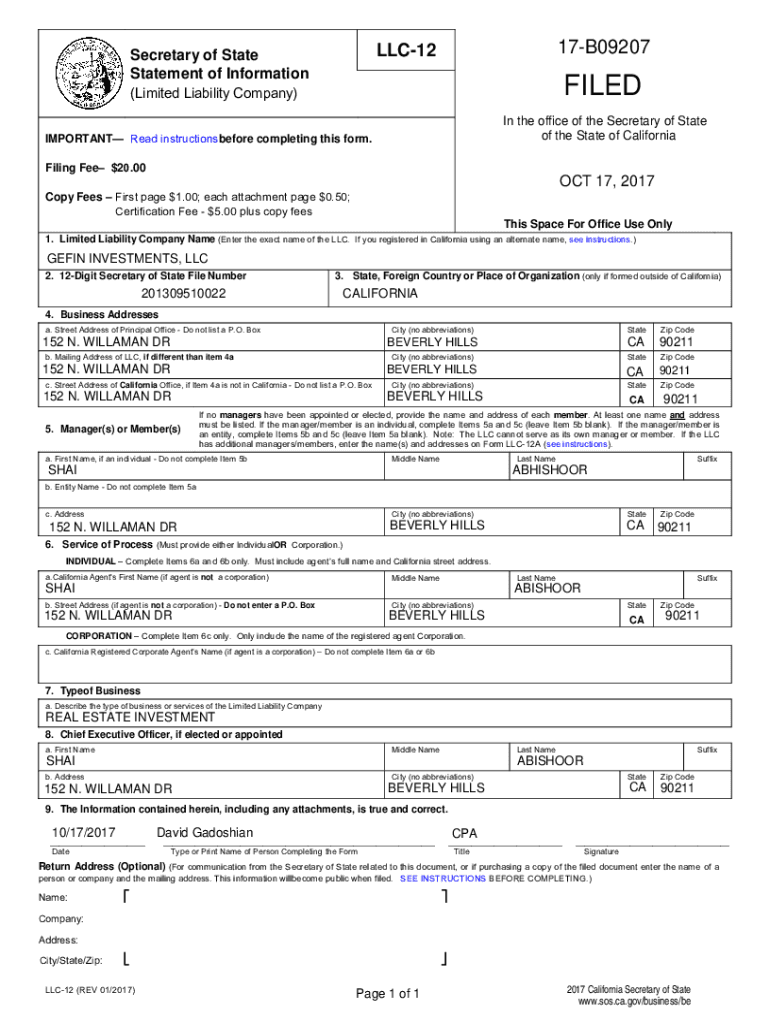 Fillable Online Instructions for Completing Form LLC-12Instructions for ...