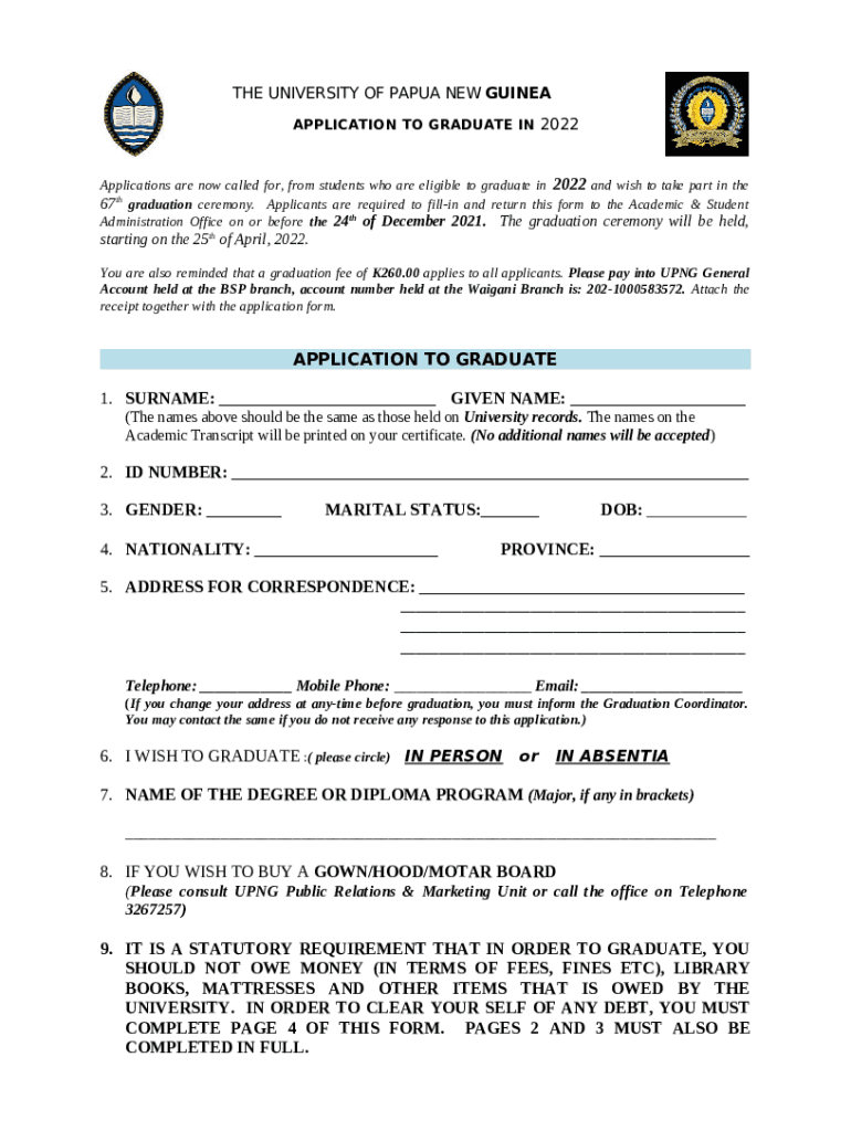 University of Papua New Guinea Application to Graduate - Blank Fillable ...