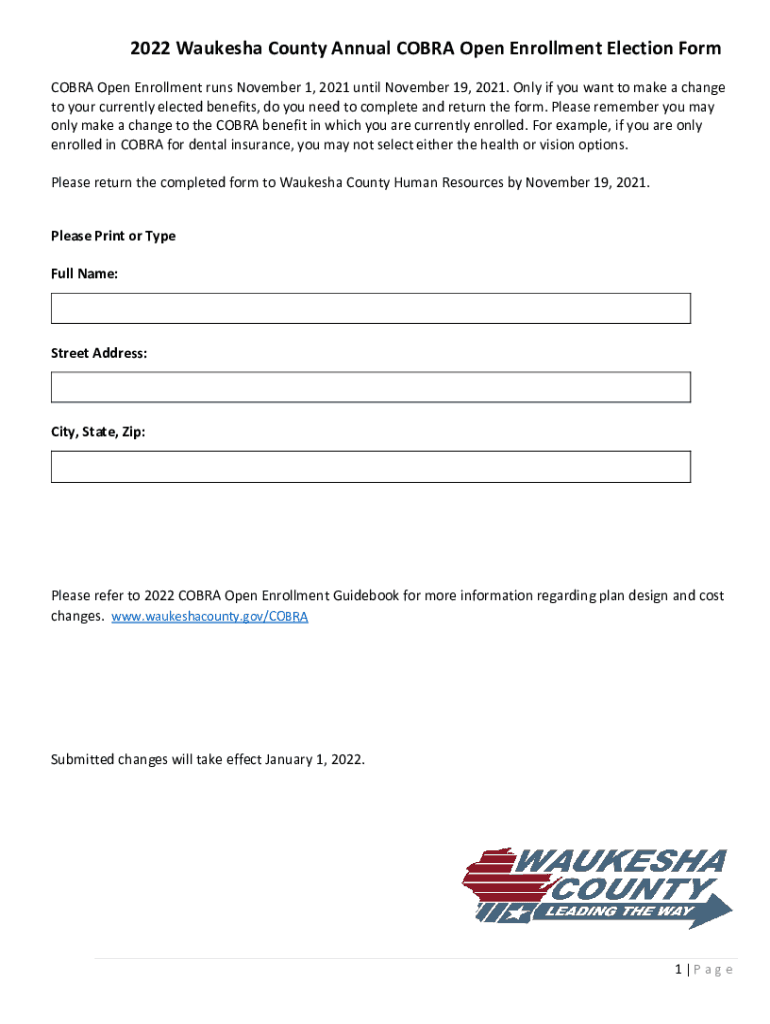 Fillable Online 2022 Waukesha County Annual COBRA Open Enrollment ...
