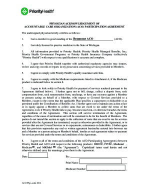 Fillable Online PHYSICIAN ACKNOWLEDGEMENT OF ACCOUNTABLE CARE ...