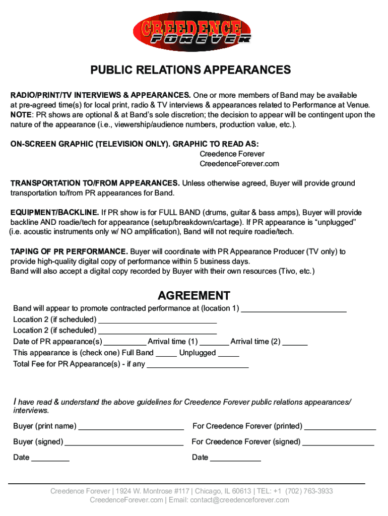 Fillable Online AGREEMENT PUBLIC RELATIONS APPEARANCES Fax Email Print ...