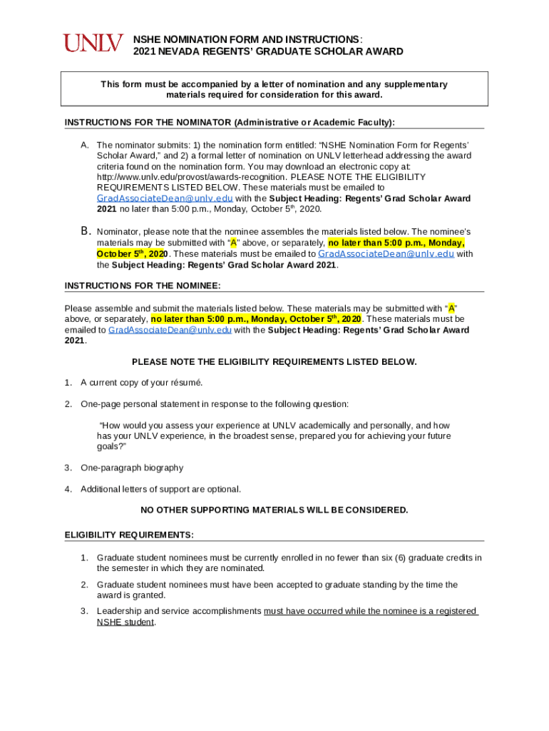 Online NSHE NOMINATION FOR REGENTS' SCHOLAR ... Doc Template | pdfFiller