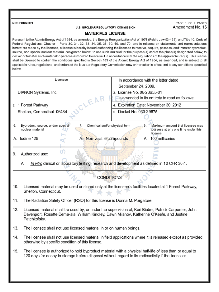 Fillable Online www.nrc.govdocsML1613NRC FORM 374 U.S. NUCLEAR ...