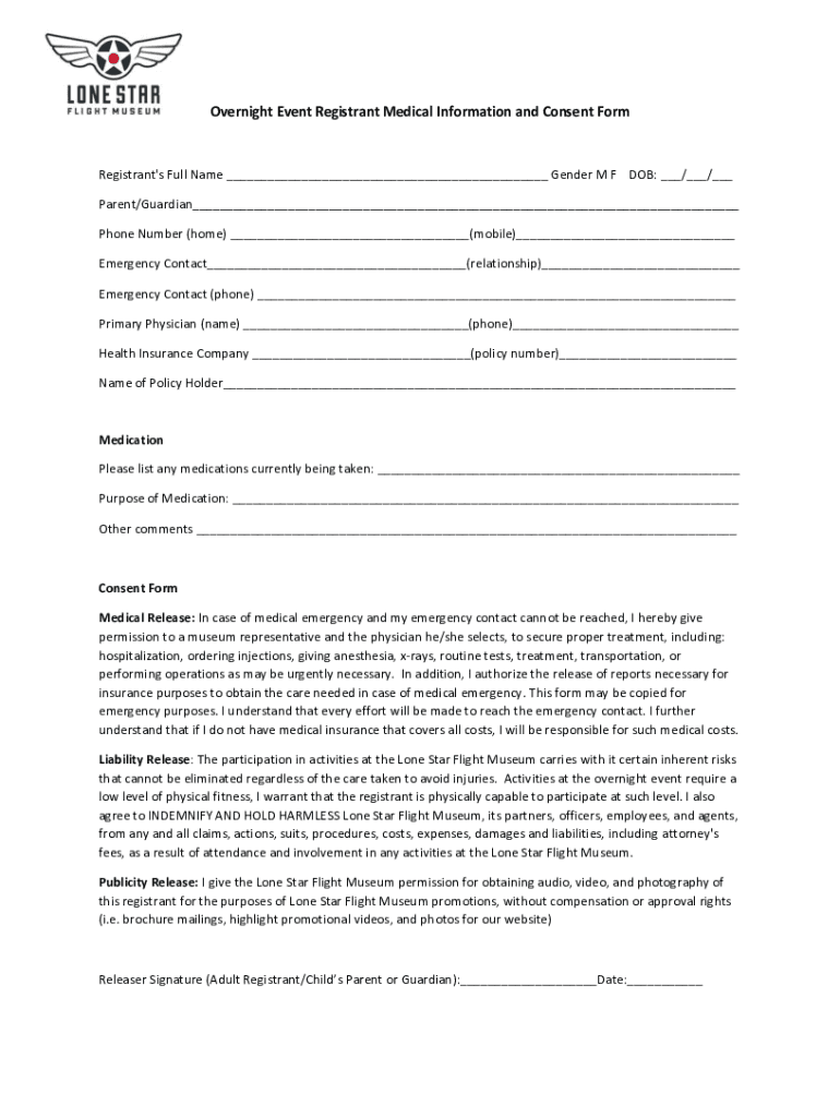 Fillable Online Overnight Event Registrant Medical Information and Consent ... Fax Email Print ...