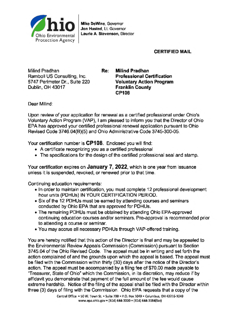 Fillable Online CERTIFIED MAIL Milind Pradhan Re: Ramboll US Consulting ...