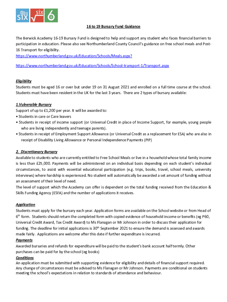 Fillable Online 16-19 Bursary Fund Application Guidance Fax Email Print ...