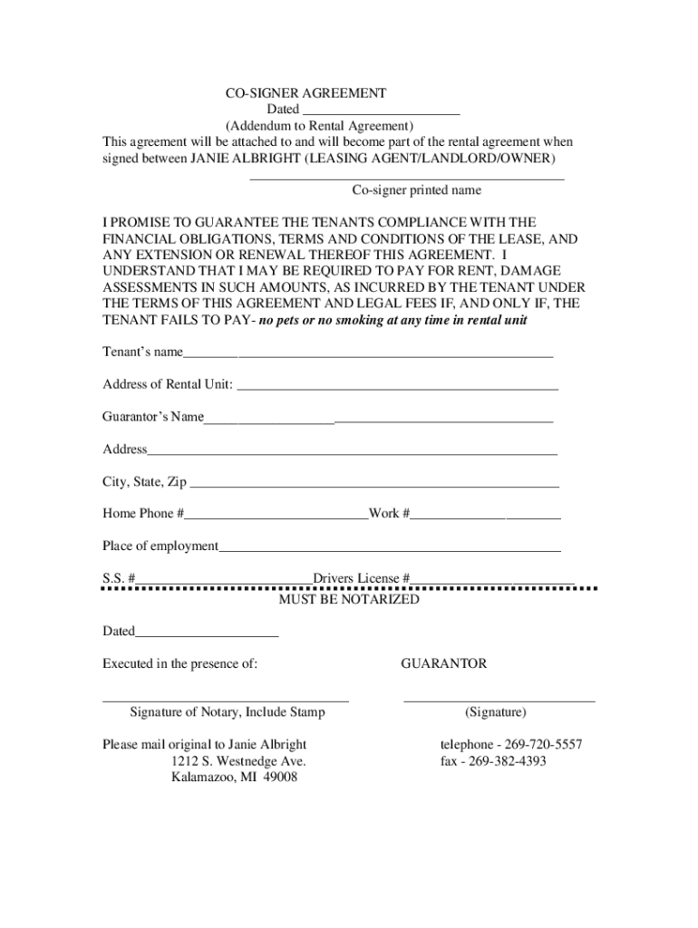 Fillable Online COSIGNER AGREEMENT ADDENDUM TO RESIDENTIAL TENANCY ...