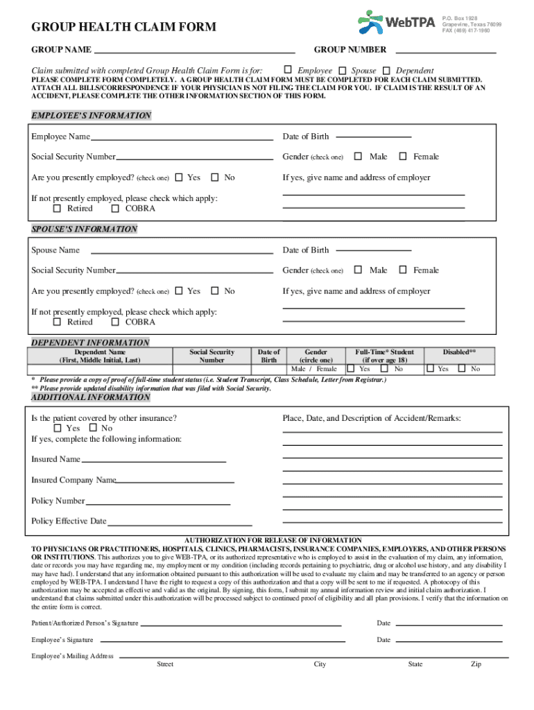 Fillable Online www.lsu.eduhrmpdfsGROUP HEALTH CLAIM FORM Fax Email ...