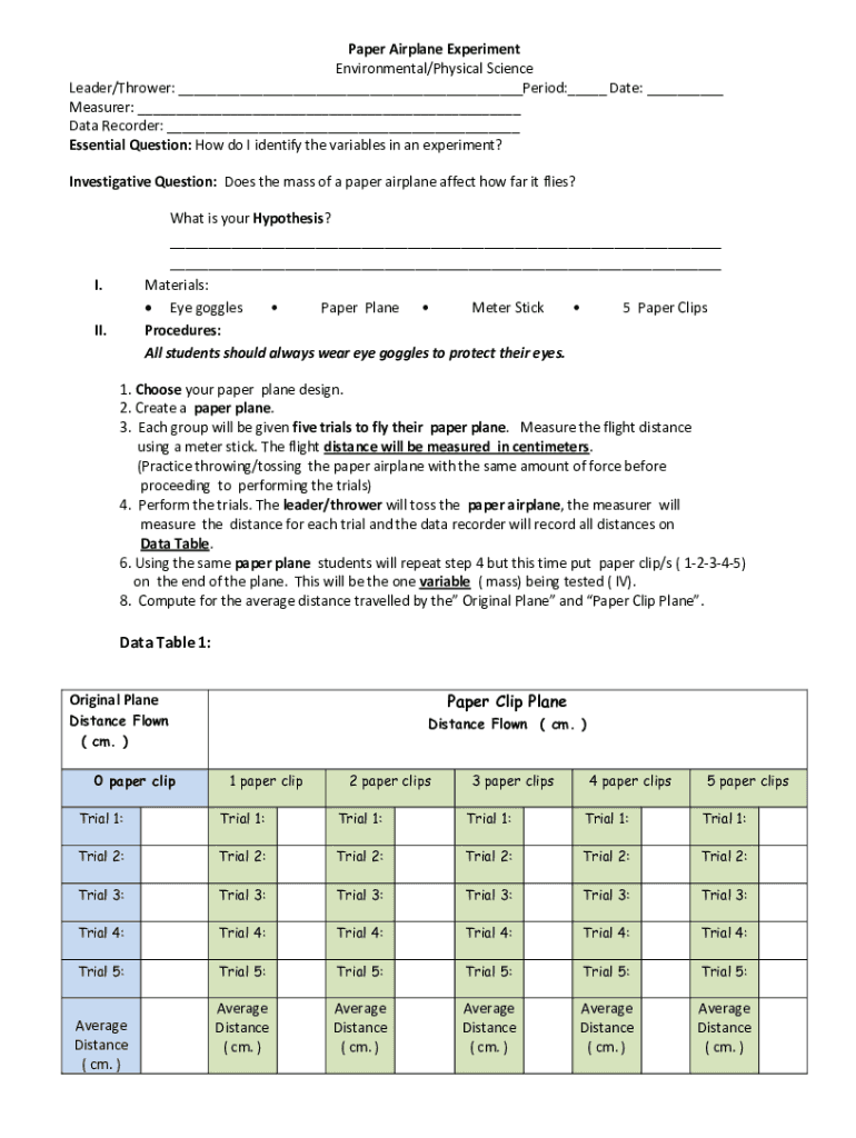 Fillable Online www.formsbank.comtemplate307952Paper Airplane Experiment Environmental/physical ...
