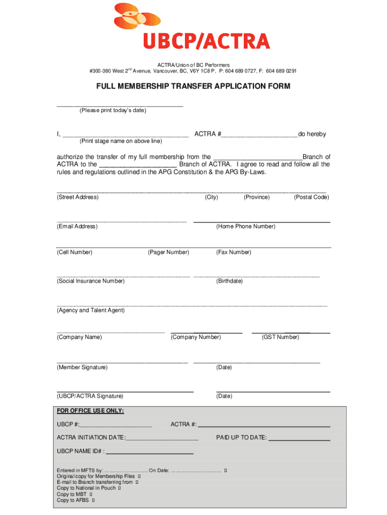 Fillable Online Master Full Transfer Form Fillable - UBCP/ACTRA Fax ...