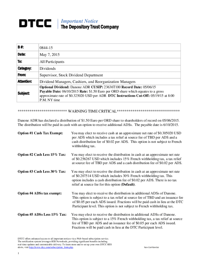 Fillable Online Optional Dividend: Danone ADR CUSIP: 23636T100 Record Date: 05/06/15 Fax Email ...